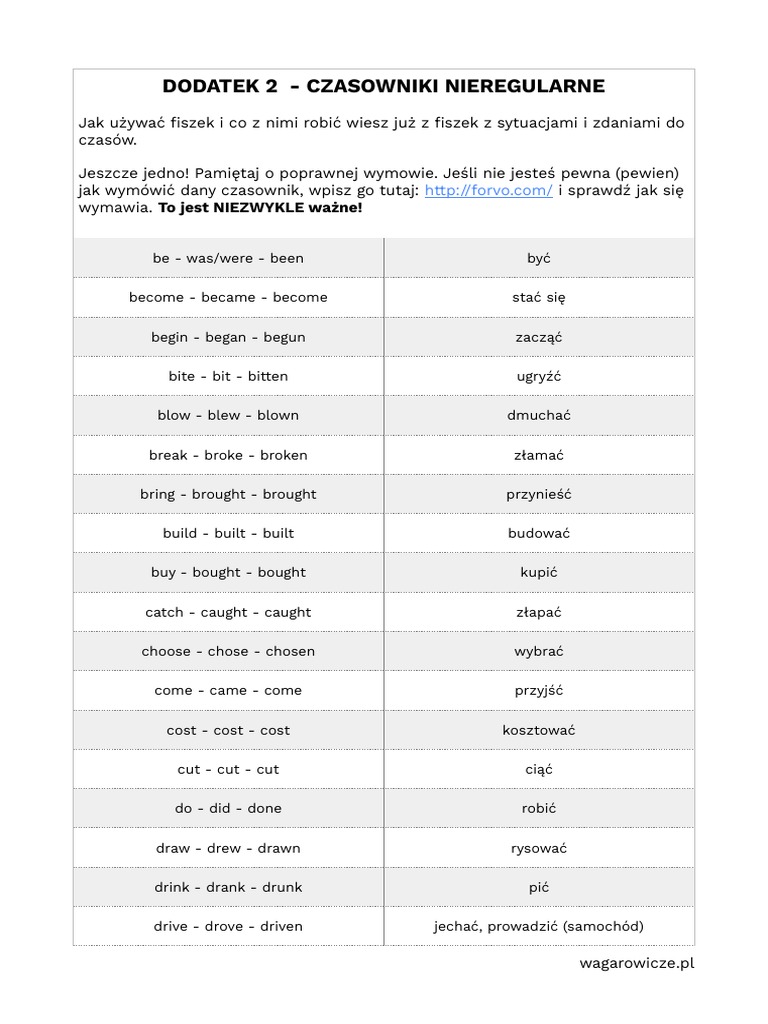 Czasowniki nieregularne pdf | PDF