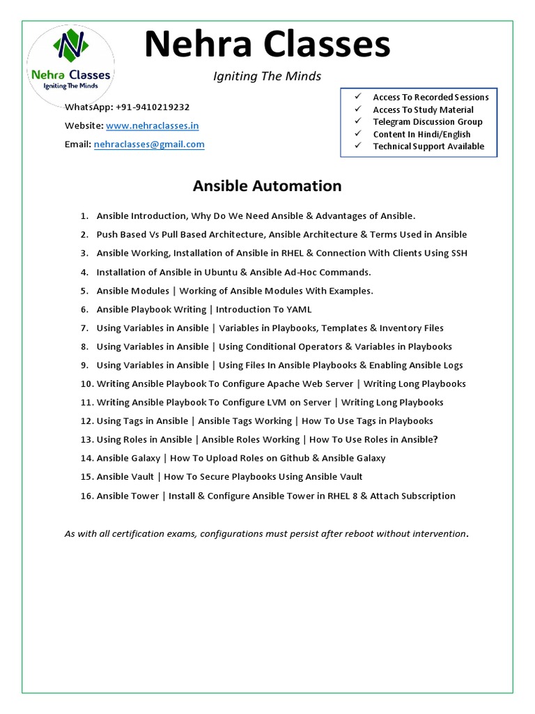Ansible Automation Syllabus | PDF