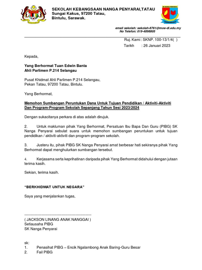 Surat Memohon Sumbangan Tujuan Pendidikan Yb Edwin Banta - 123752 | PDF
