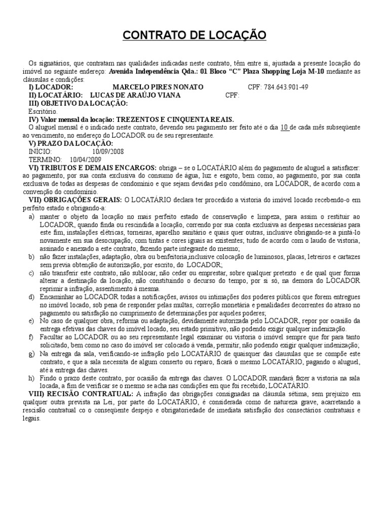 Contrato De LocaÇÃo Aluguel Estatuto