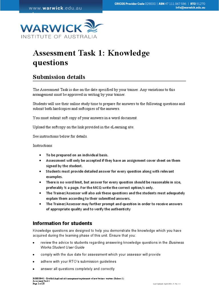Assessment Task 1 | PDF | Workweek And Weekend | Risk