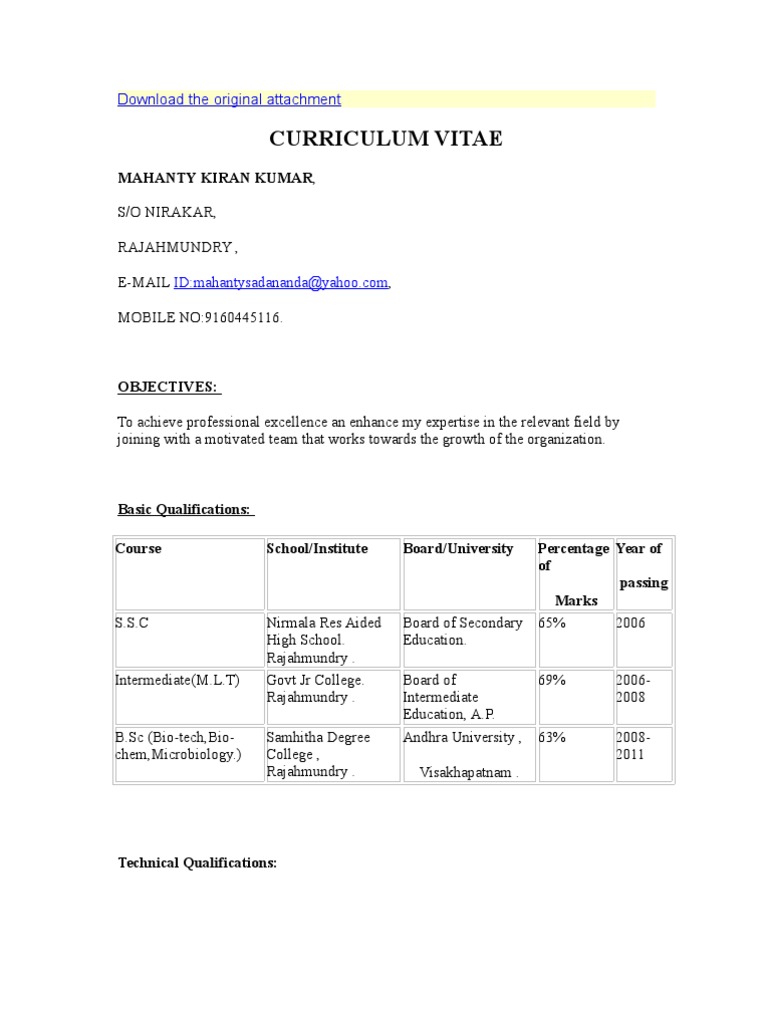 Curriculum Vitae: Mahanty Kiran Kumar | PDF | Career & Growth | Computers