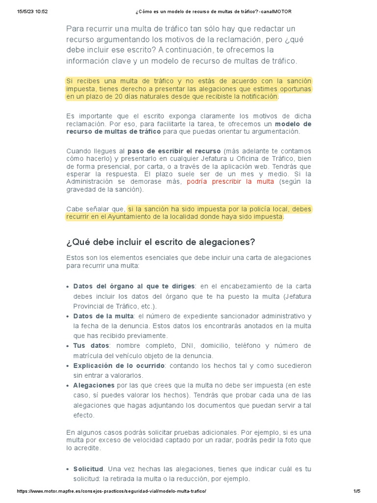 Mapfre - Cómo Es Un Modelo de Recurso de Multas de Tráfico PDF | PDF | Multa (pena)