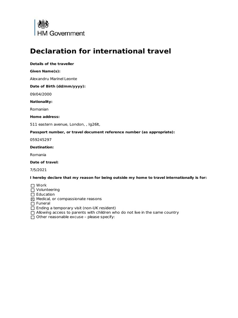 Travel Declaration Pdf Pdf