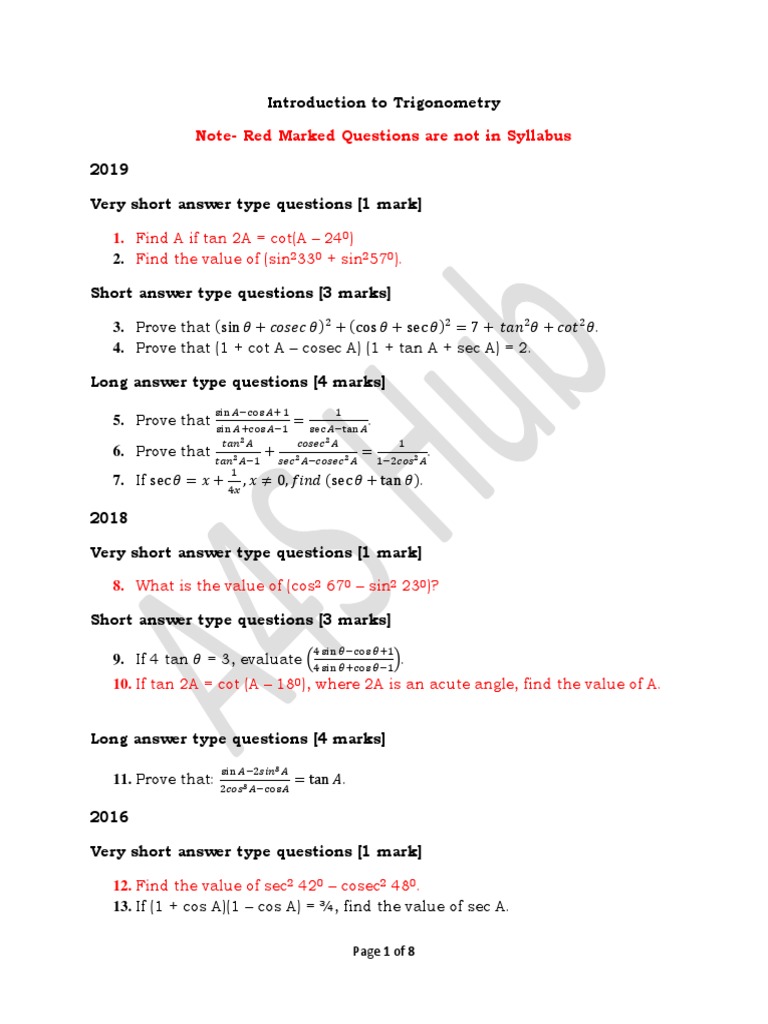 Trigonometry Practice Questions and Proofs | PDF | Trigonometric ...