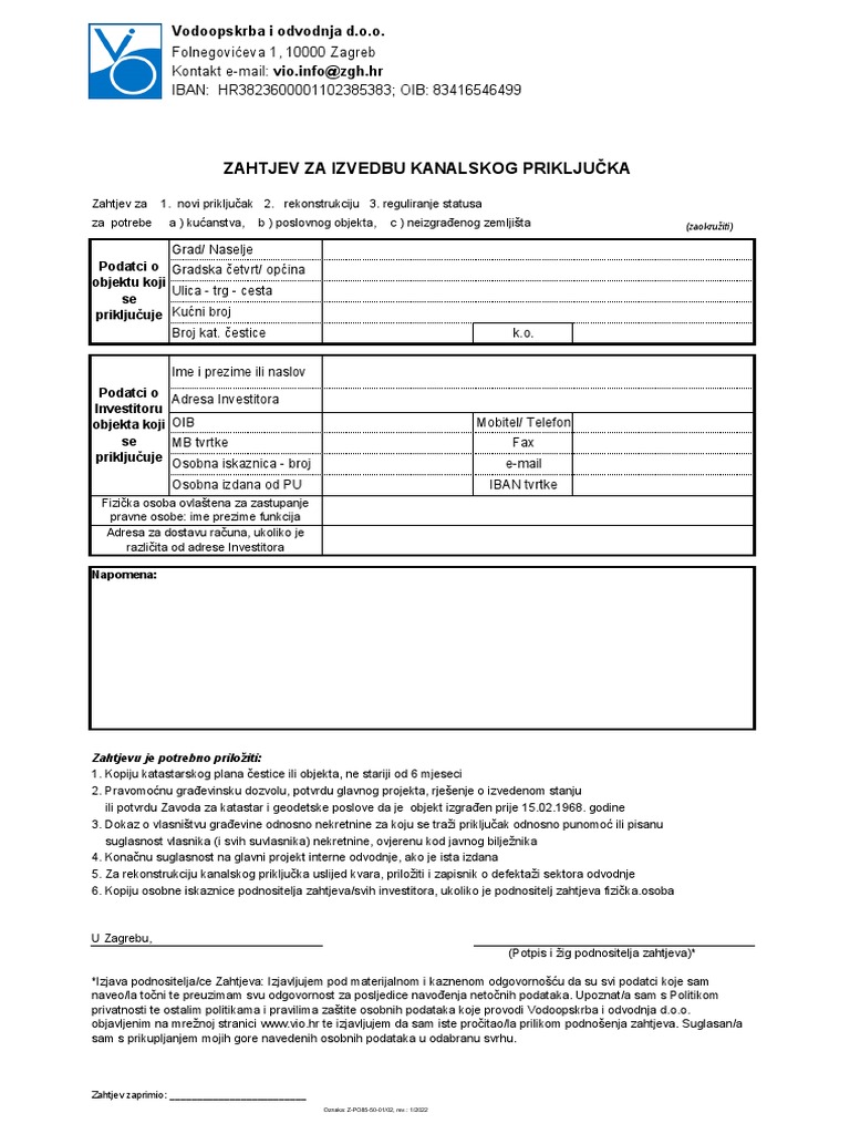 Zahtjev Za Izvedbu Kanalskog Priključka | PDF