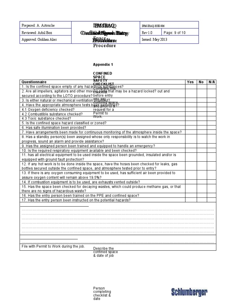 Confined Space Safety Checklist | Download Free PDF | Occupational Safety And Health | Safety