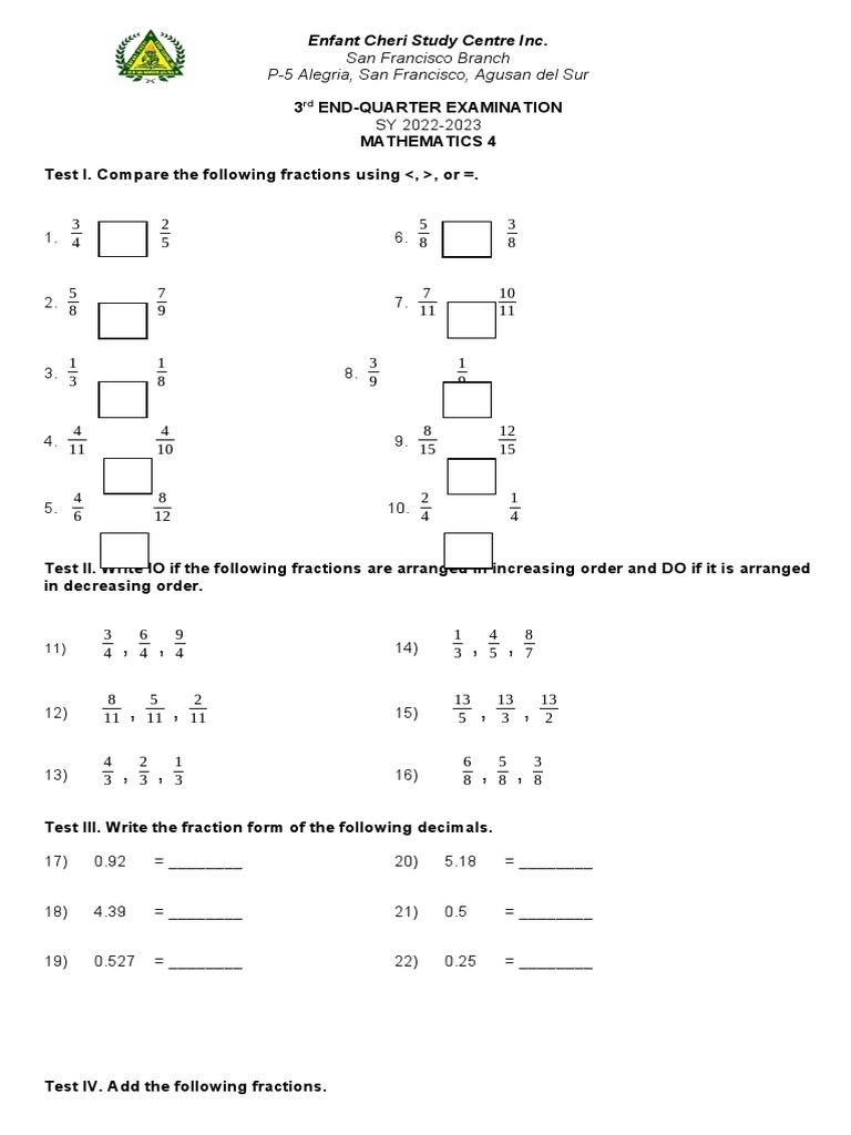CHECKED! Mathematics 4 Third End-Quarter Exam | PDF | Mathematics ...