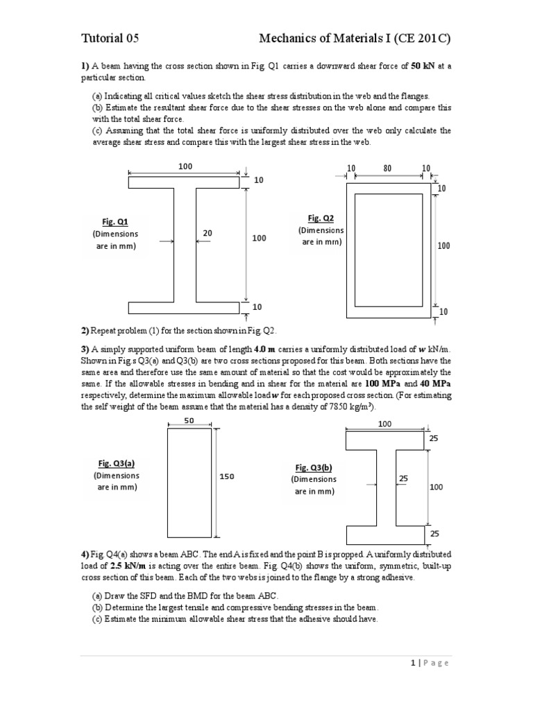 CE 201 - Mechanics of Materials Tute 2 | PDF | Bending | Stress (Mechanics)
