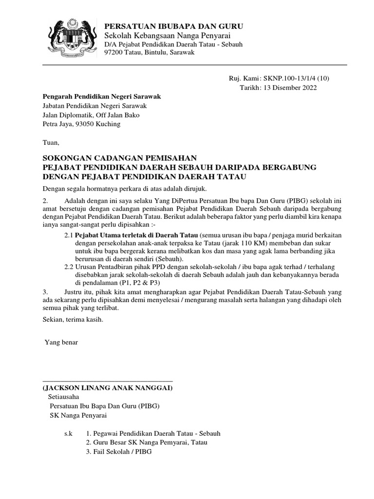 Surat PIBG SKNP -Setuju Cadangan PPD Sebauh Dipisahkan Dgn PPD Tatau ...
