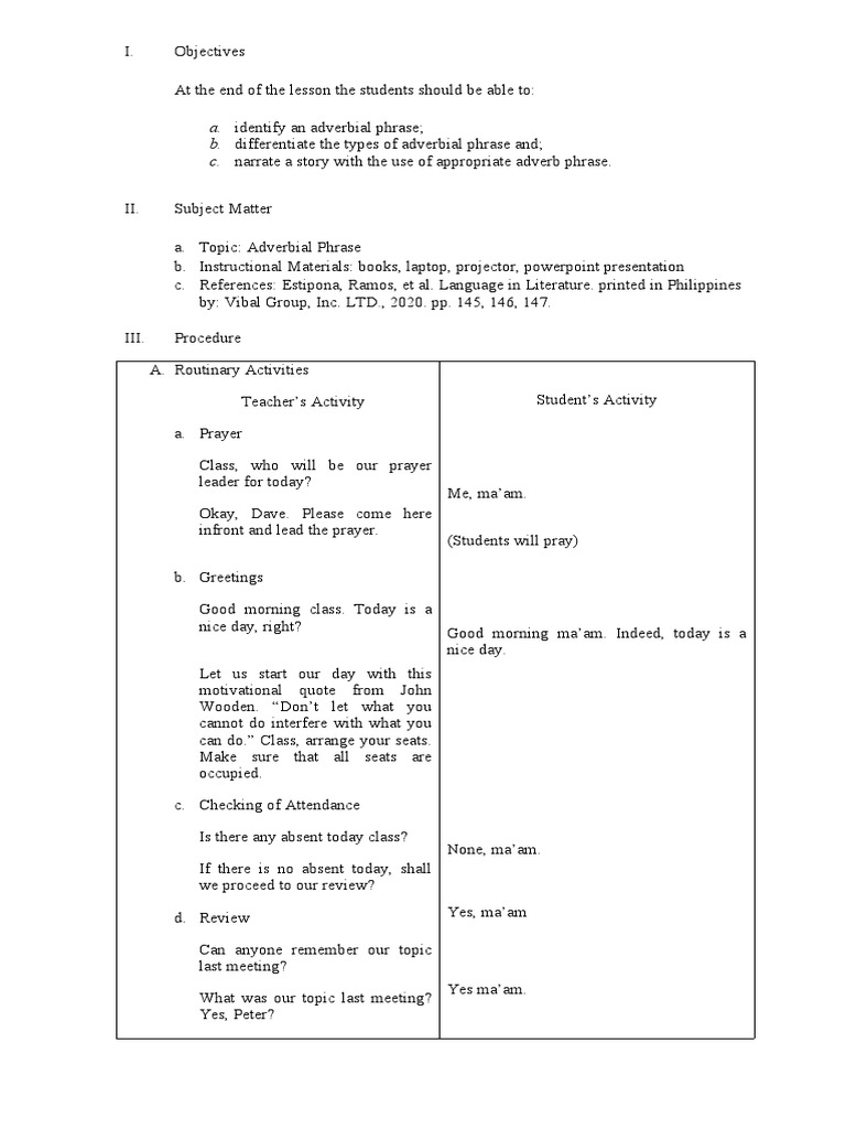Adverbial Phrase Lesson Plan | PDF | Adverb | Grammatical Tense