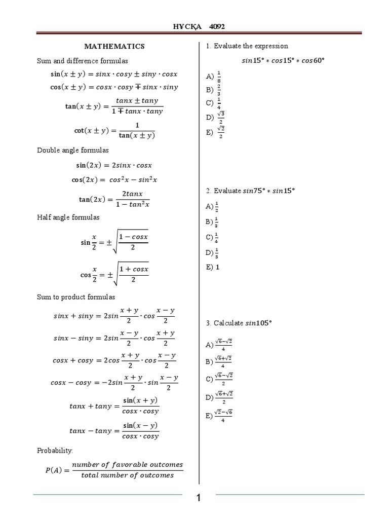 НҰСҚА 4092 Mathematics: A) B) C) D) | PDF | Cell (Biology) | Organisms