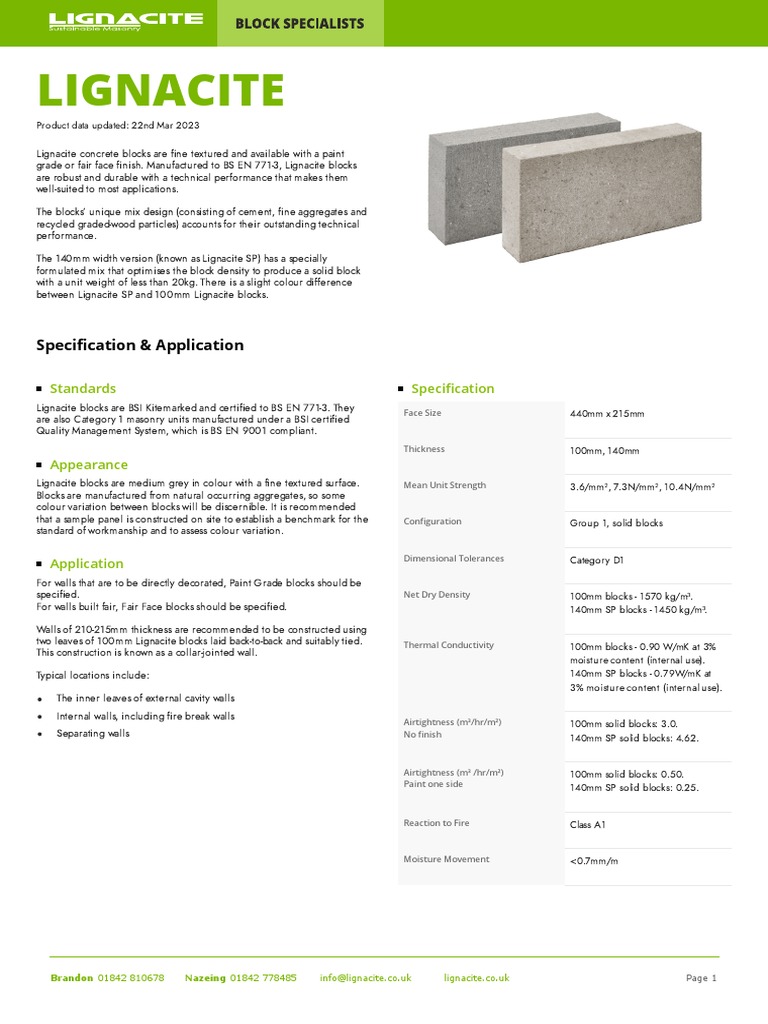 Lignacite Range Datasheet | PDF | Masonry | Cement