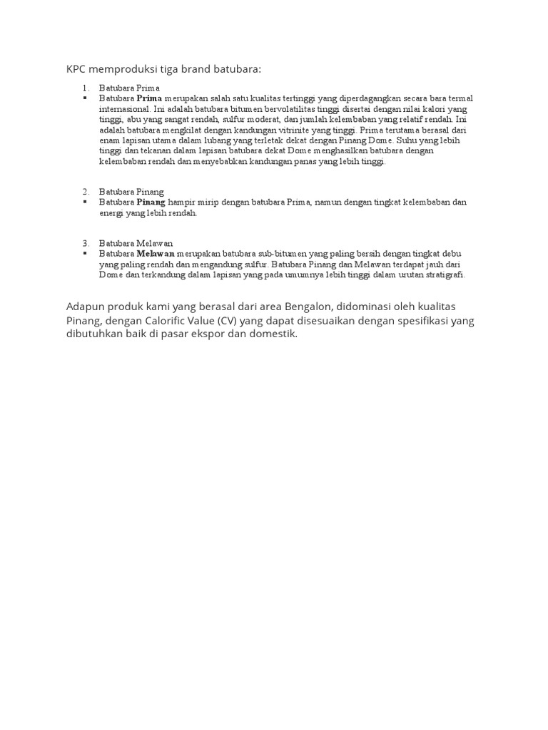 Produk Batubara KPC | PDF