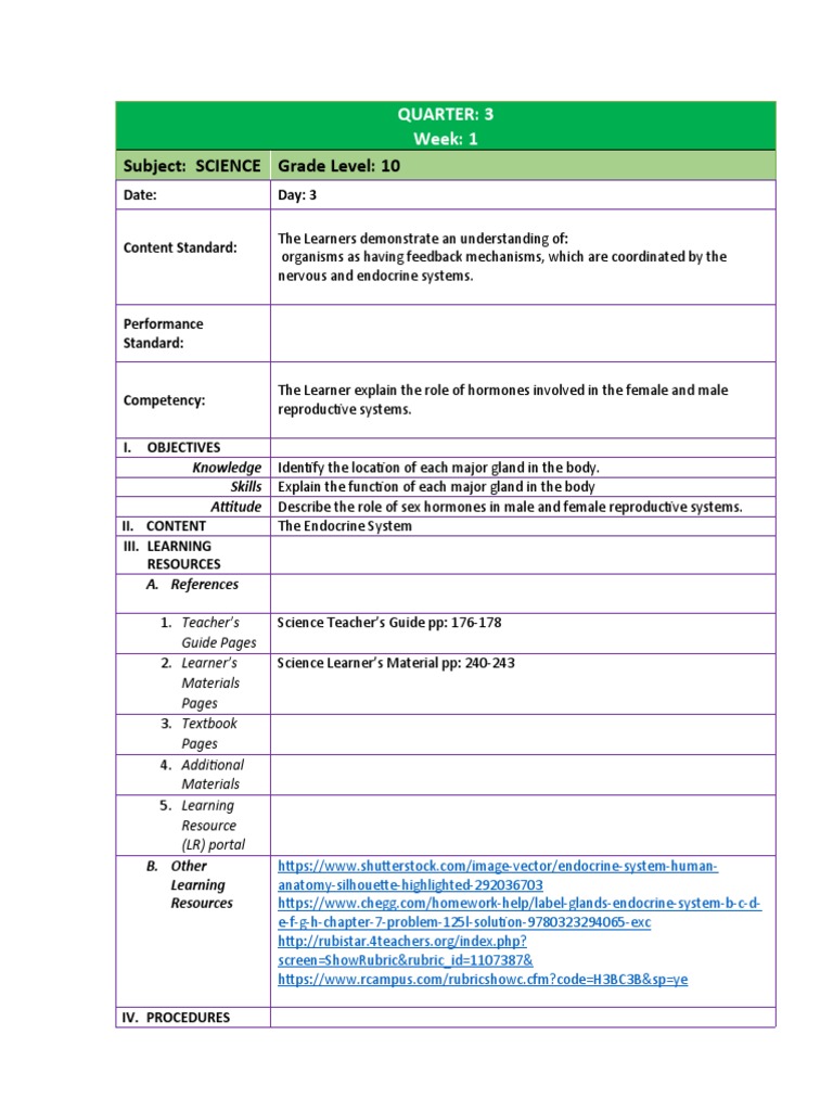 DLP G10 Q3 WEEK 1 Day3 | PDF | Endocrine System | Reproductive System