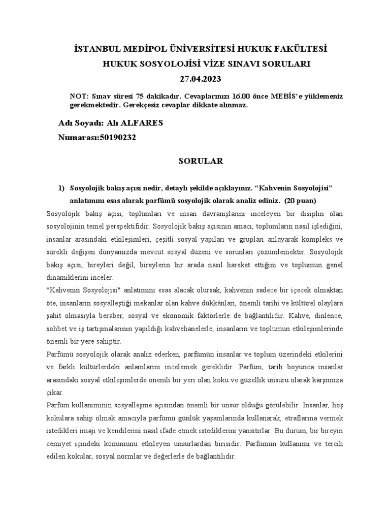 Hukuk Sosyolojisi 2022-2023 Vize Sınavı | PDF