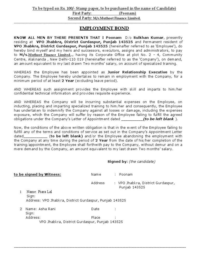 Muthoot Finance Employment Bond Template | PDF | Employment | Surety