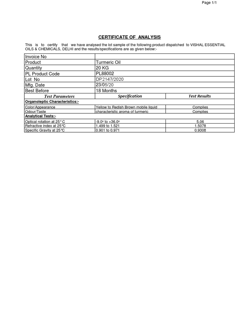 Turmeric Oil COA | PDF