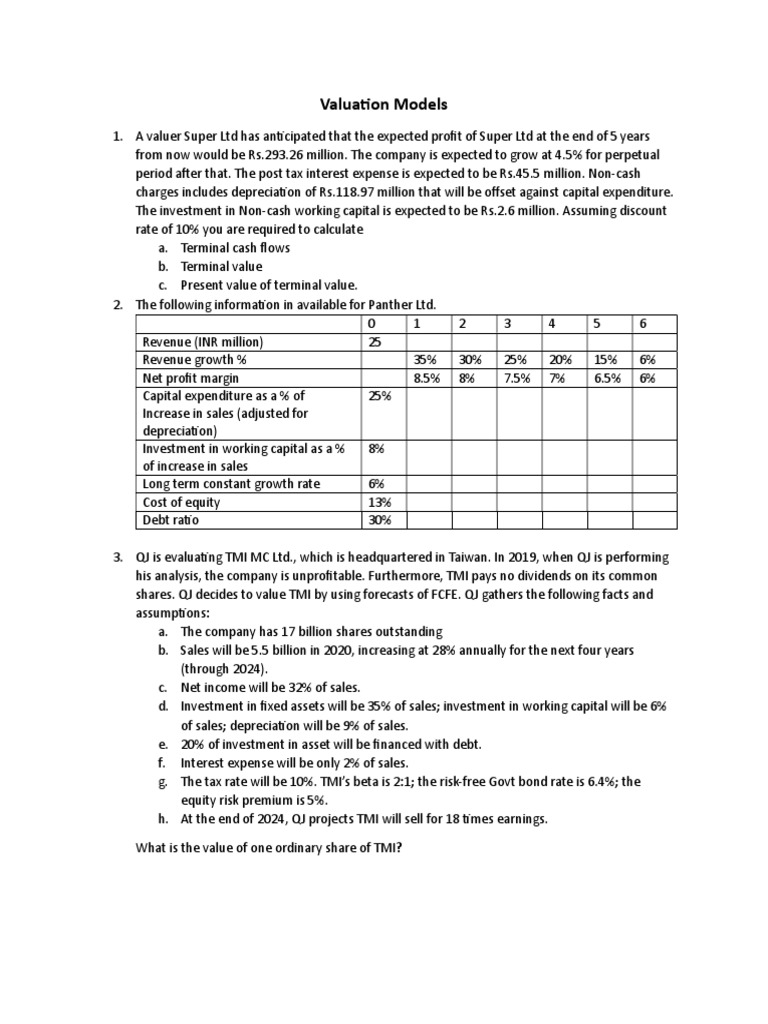 Valuation Model - Questions | PDF | Investing | Free Cash Flow