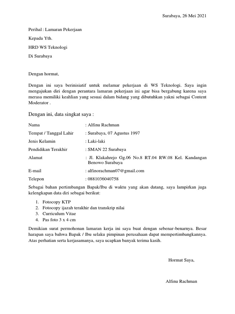 Surat Lamaran Pekerjaan Alfin | PDF