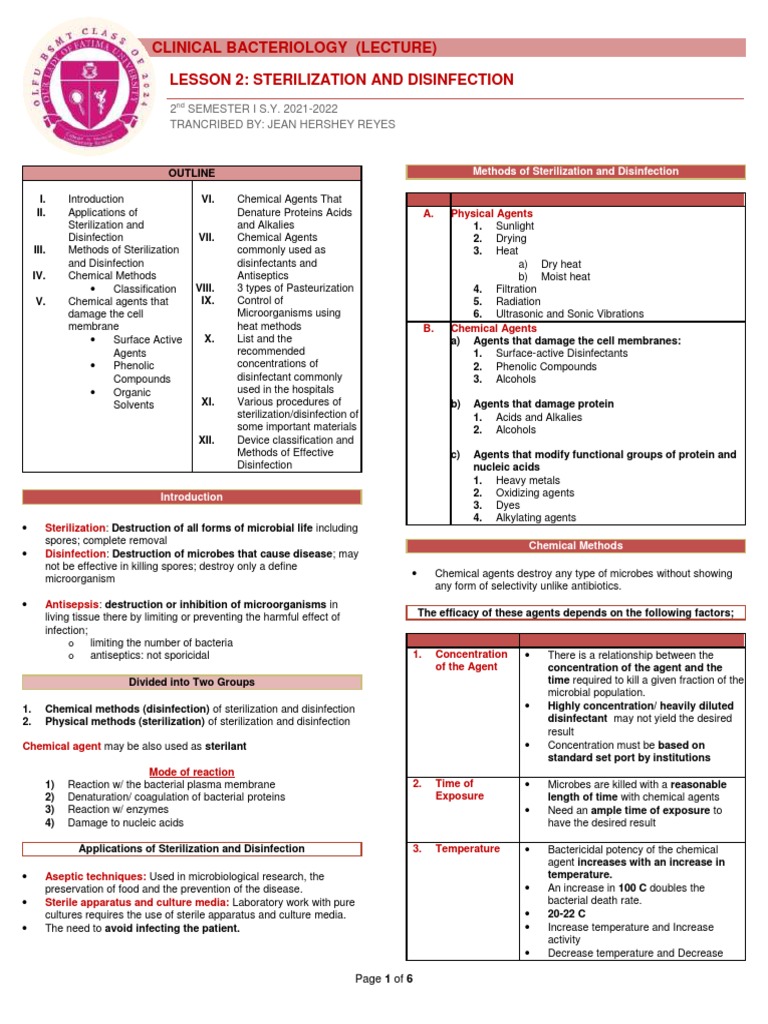 Lecture 2.0 Sterilization and Disinfection | PDF | Disinfectant ...