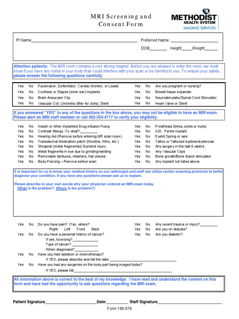 Ensuring Patient Safety: An MRI Screening and Consent Form | PDF ...