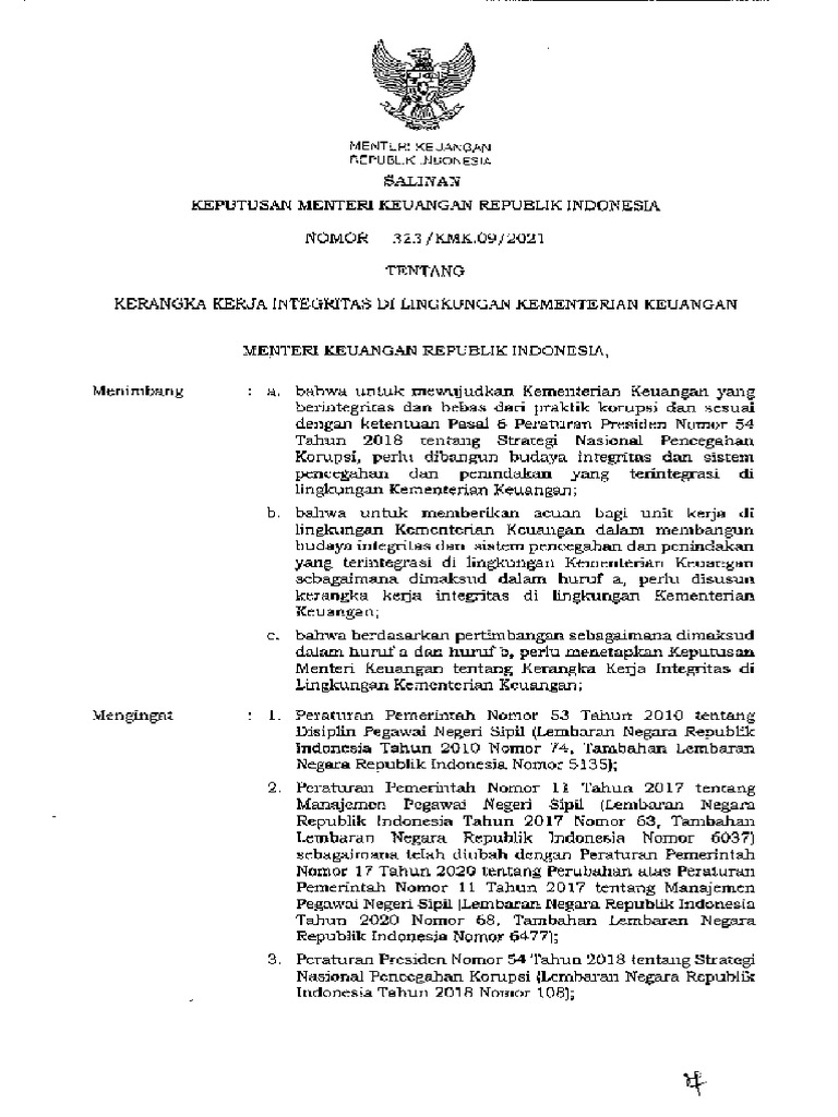 KMK No 323 TH 2021 Kerangka Kerja Integritas Di Ling Kemenkeu Compressed PDF | PDF