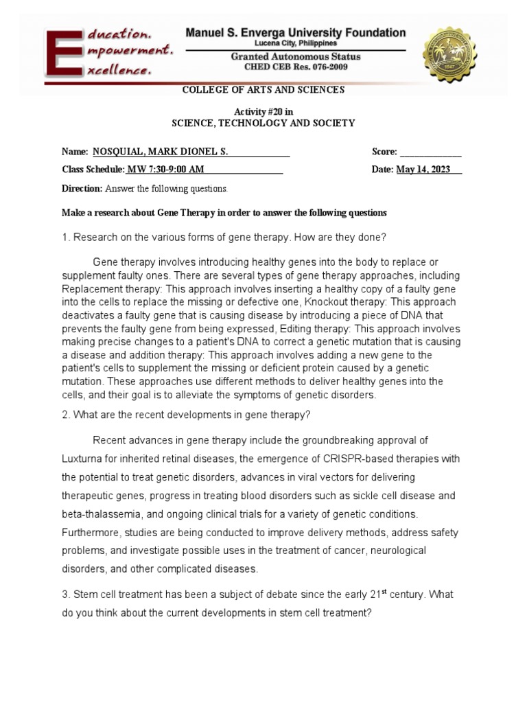 STS Act20-Genetherapy Nosquial | PDF | Gene Therapy | Genetic Disorder