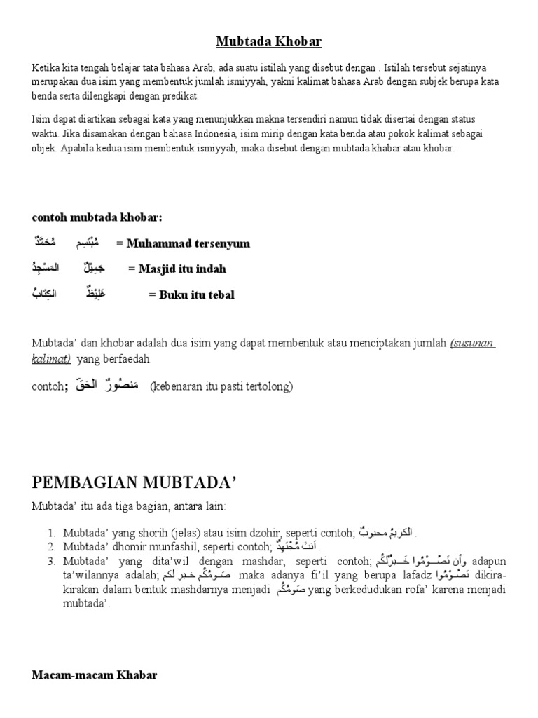 Panduan Lengkap Mubtada Khobar dalam Bahasa Arab | PDF