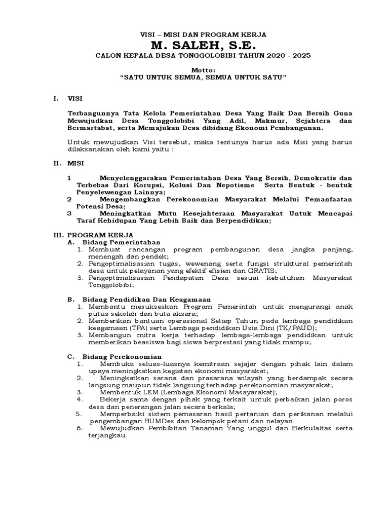 Visi Misi Calon Kepala Desa | PDF Visi Misi Calon Kepala Desa | PDF