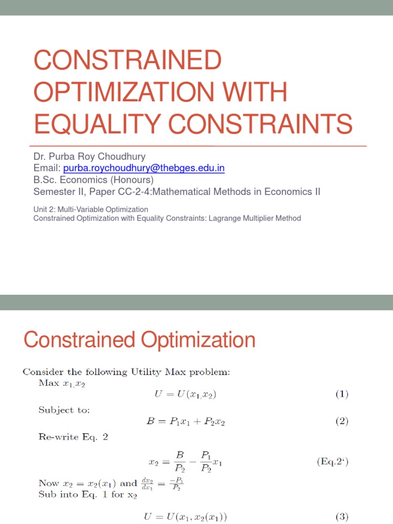 Constrained Optimization With Equality Constraint Pdf Mathematical Optimization