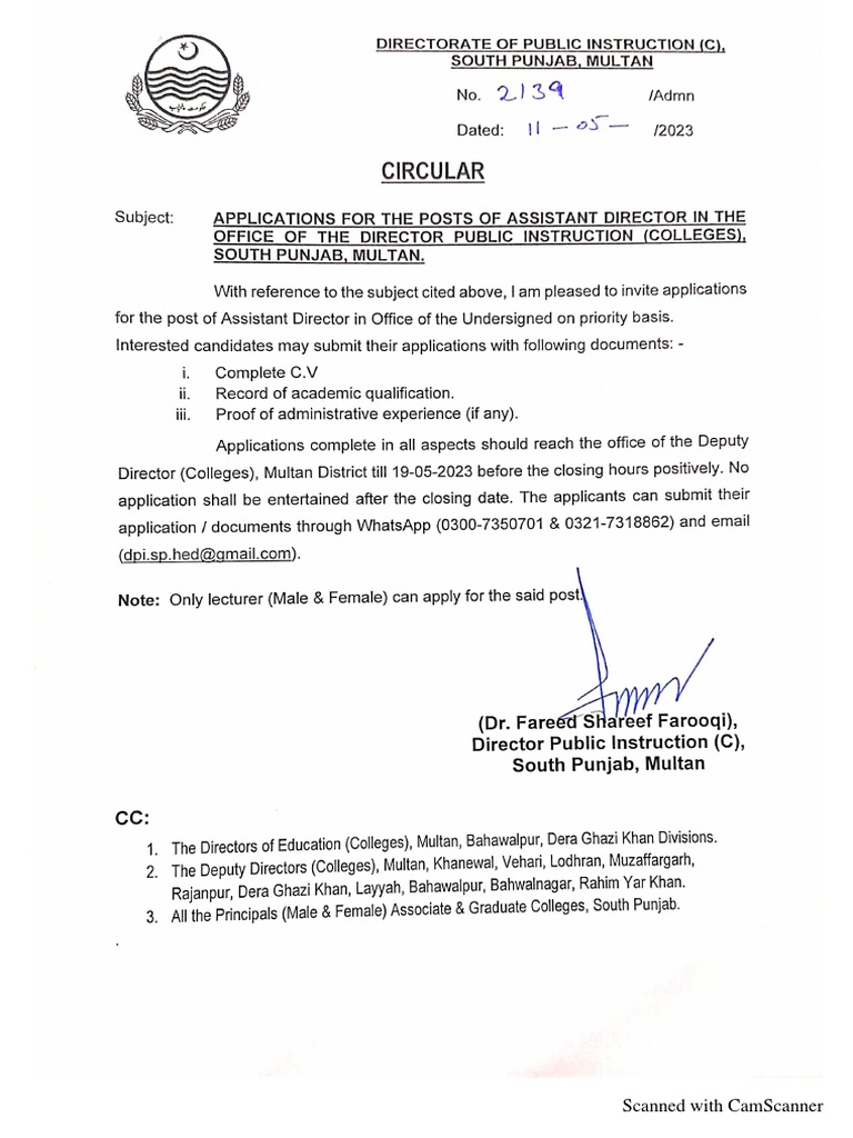 Circular For Post of Assistant Director in DPI South | PDF