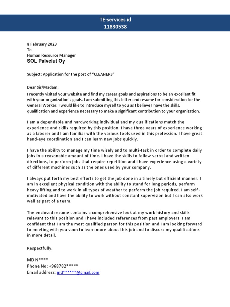 Cover Letter - General Worker PDF | PDF