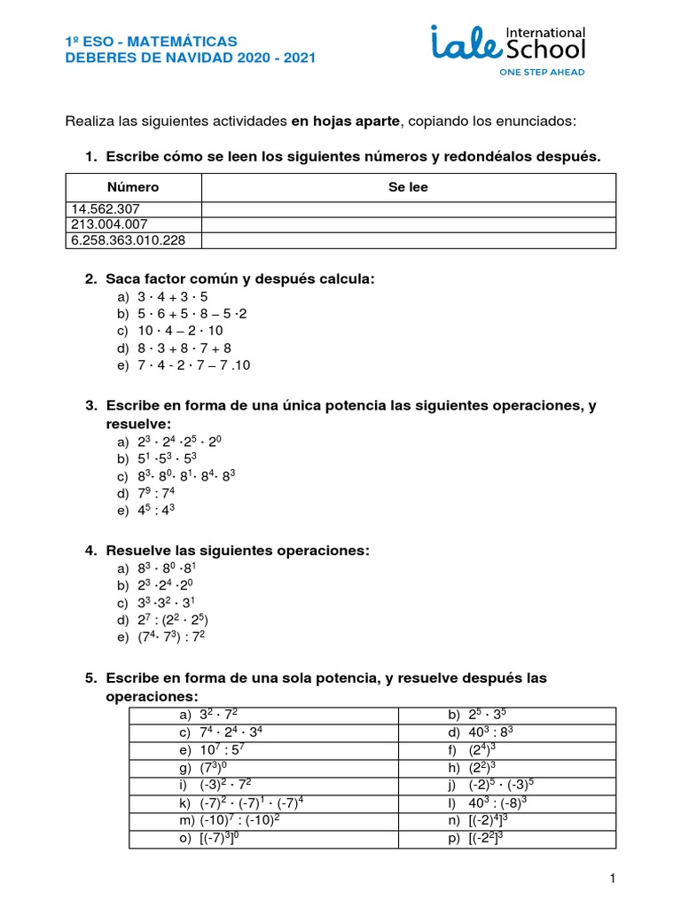 1 Eso Mate Deberes Navidad 2020-2021 PDF | PDF