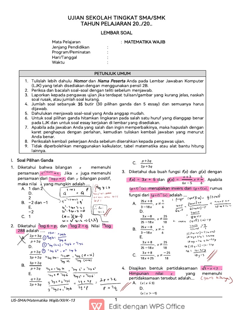 Soal Us Matematika Wajib Sma | PDF