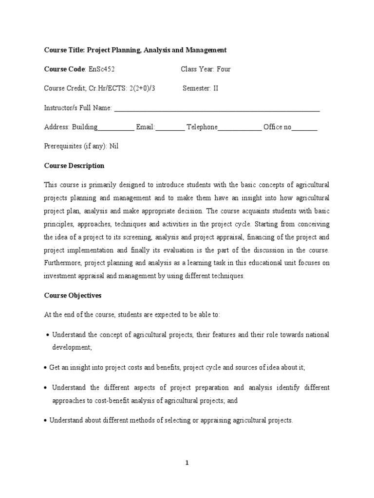 Course Outline, Project Planning, Analysis and Mgt-1 | PDF