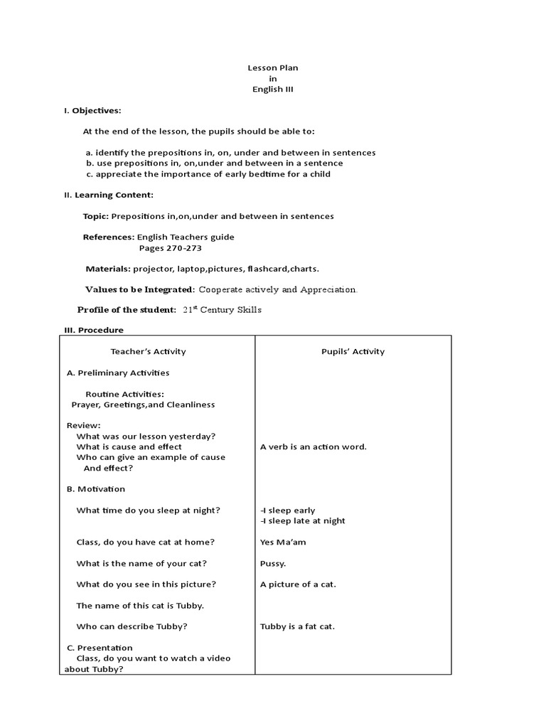 Lesson Plan Prepositions Ipcrf | PDF | Lesson Plan | Cognitive Science Lesson Plan Prepositions Ipcrf | PDF | Lesson Plan | Cognitive Science