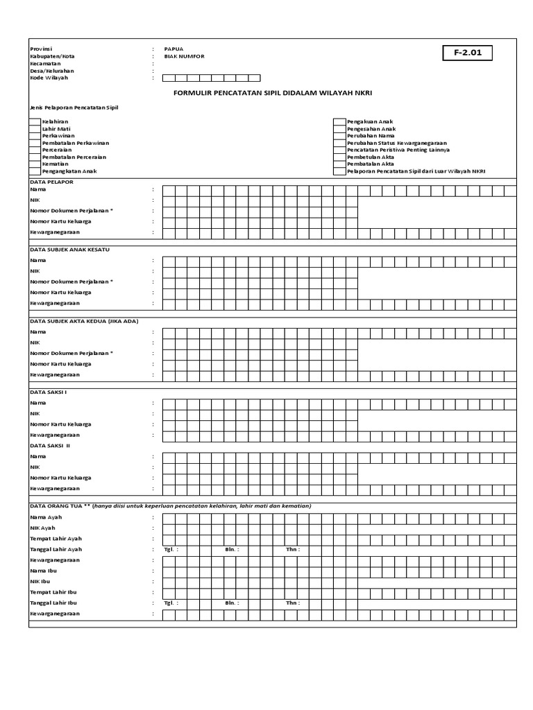 Formulir Pelaporan Pencatatan Sipil Di Dalam Wilayah Nkri F-2.01 | PDF