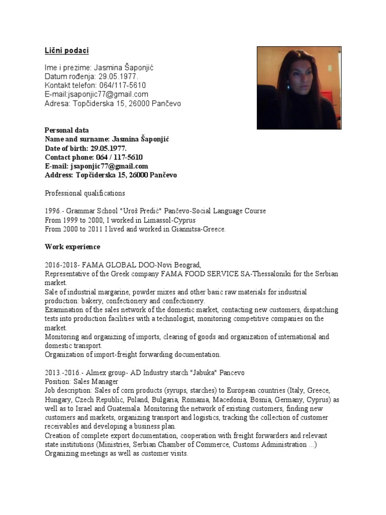 Jasmina CV English | PDF | Sales | Business