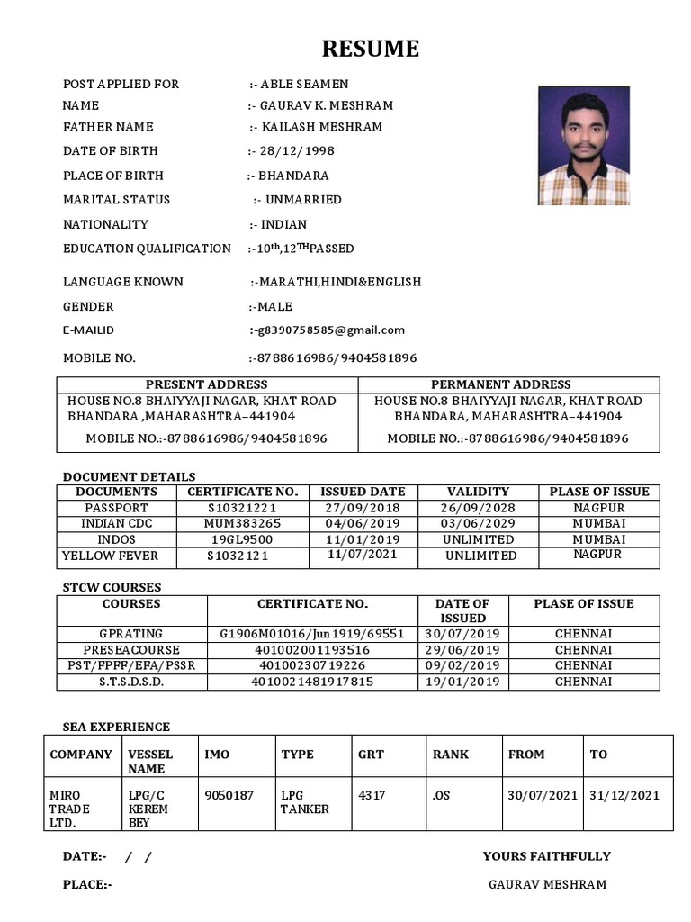 Gaurav Meshram's Seaman Resume | PDF