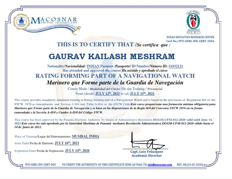 7 - Deck Watchkeeping Certificate Rev08 24-03-2020 | PDF