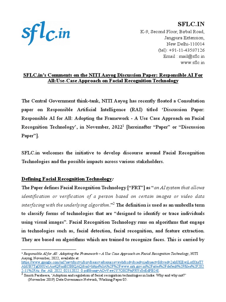 SFLC Comments On FRT Paper by NITI Aayog - Nov 2022 | PDF | Privacy | Artificial Intelligence