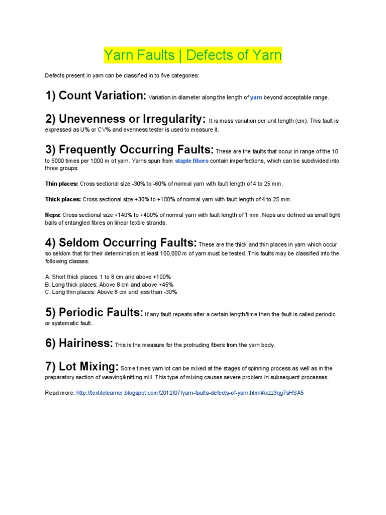 Yarn Faults Defects of Yarn.docx | PDF