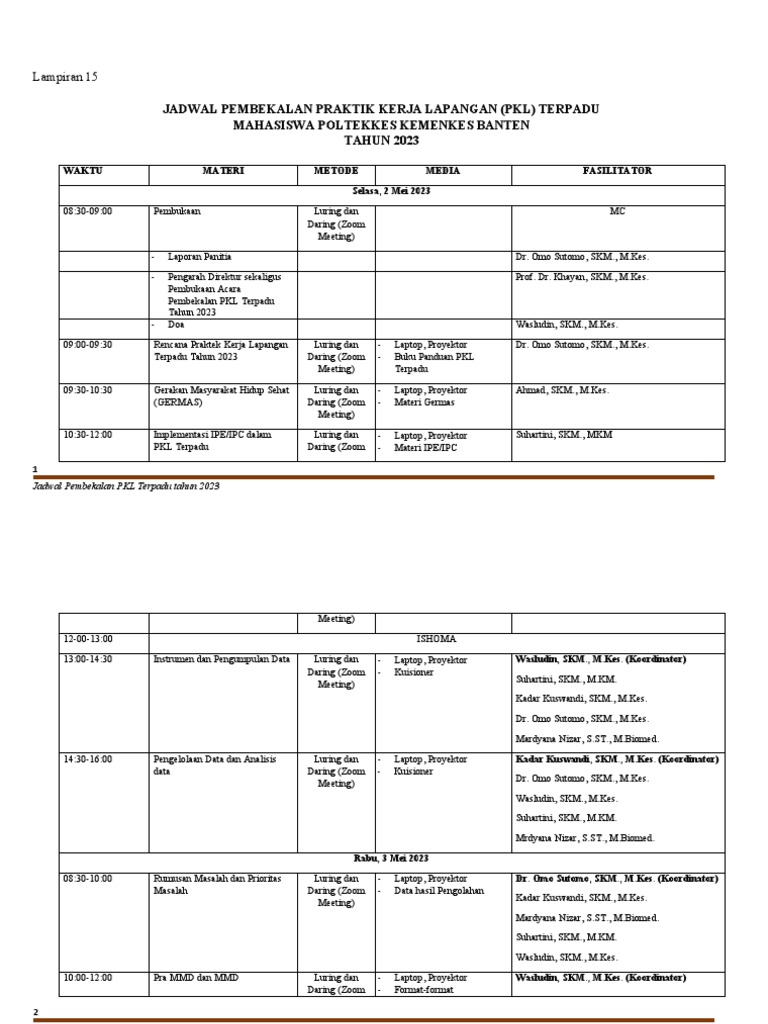 Lampiran 15. - JAdwal Pembekalan PKLTdocx | PDF