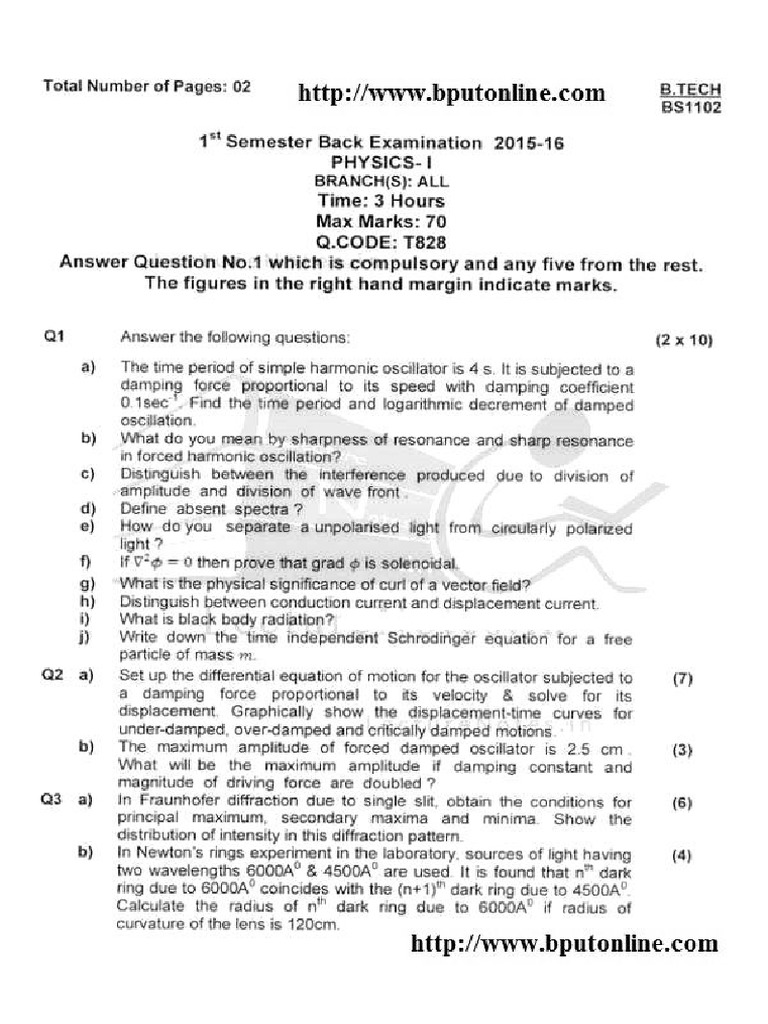 Btech 1st Year bs1102 Physics 2016 PDF | PDF