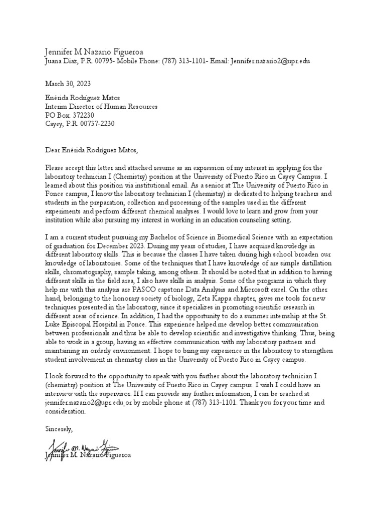 Jennifer M Nazario Figueroa Cover Letter | PDF