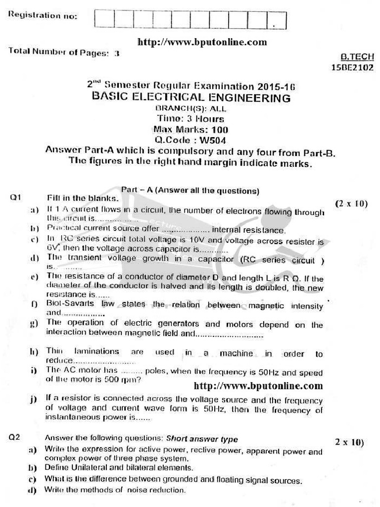Btech 1st Year Be2102 Basic Electrical Engineering V2 2016 Pdf 
