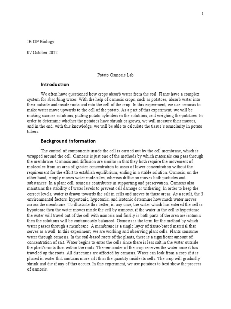Potato Osmosis Lab Report | PDF