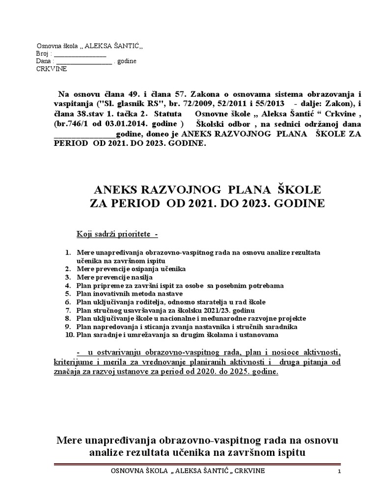 Aneks Razvojnog Plana | PDF