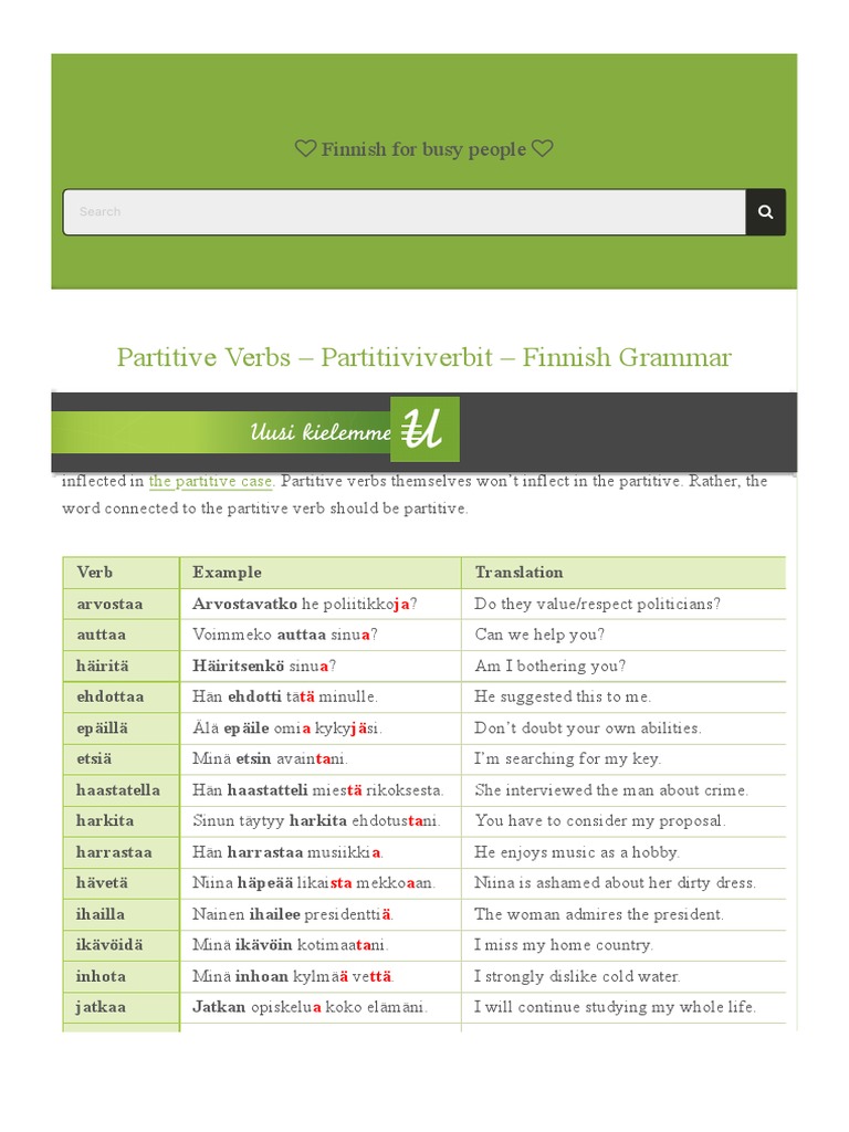 Partitive Verbs - Partitiiviverbit - Finnish Grammar - Uusi Kielemme | PDF